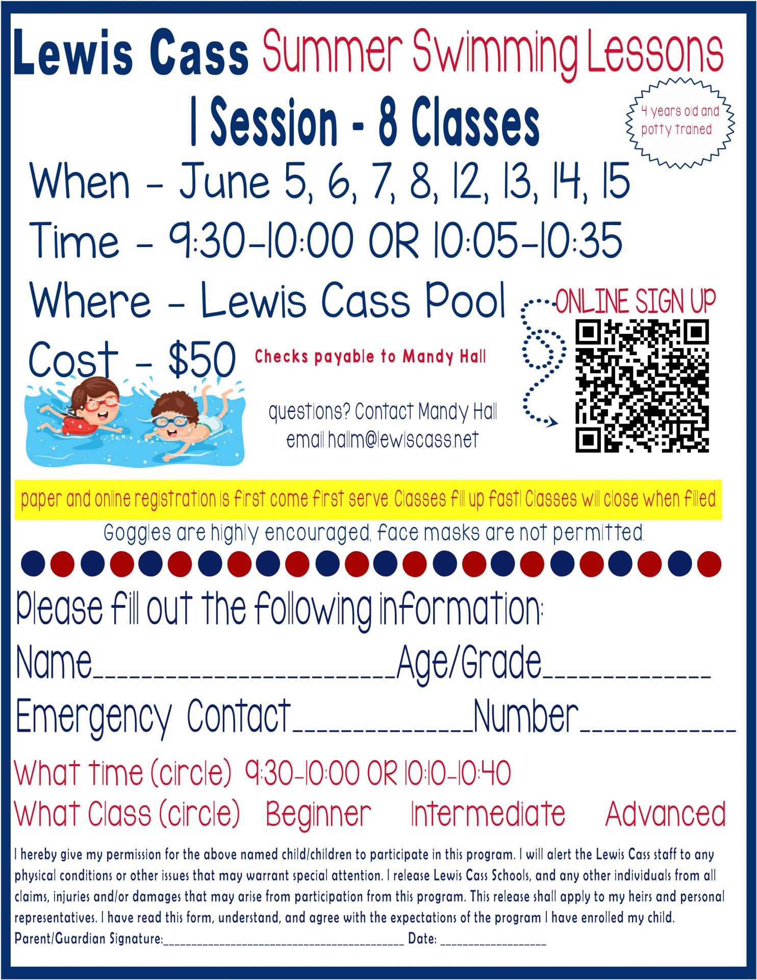 Summer Swimming Lessons – Lewis Cass Elementary School